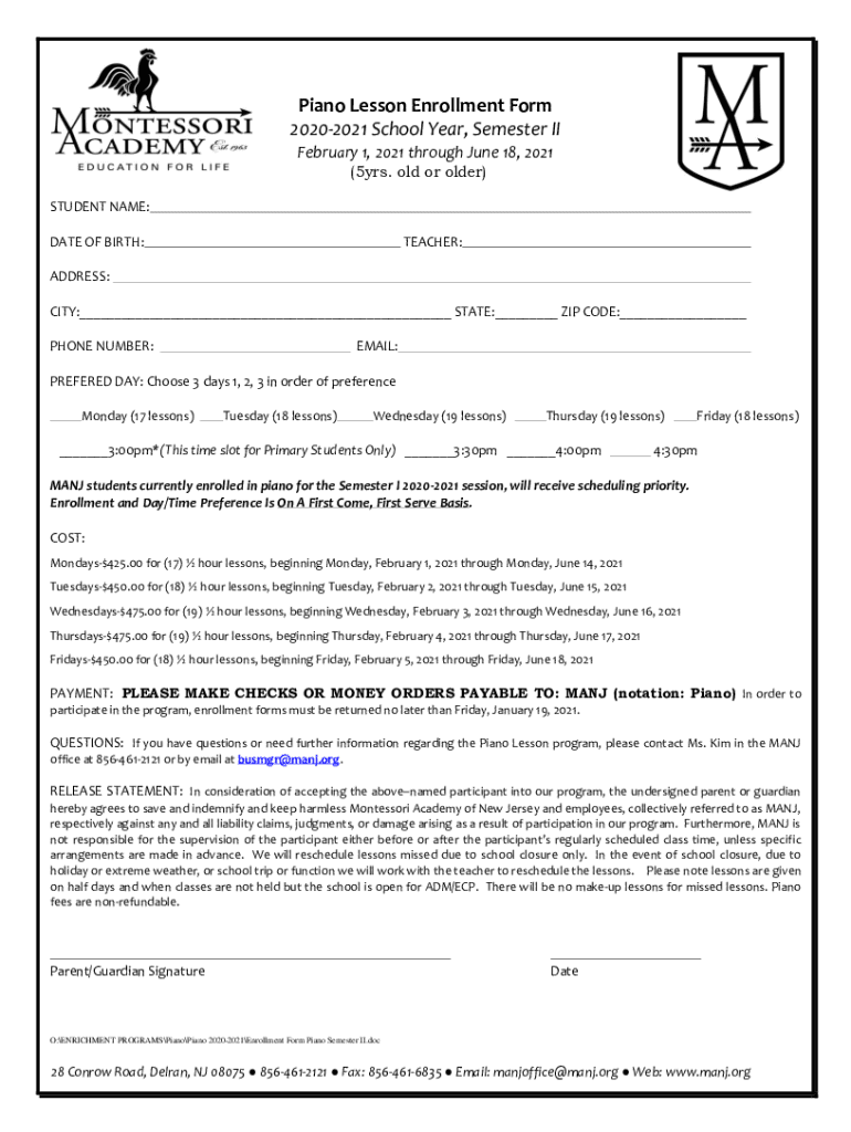 Fillable Online Piano Lesson Enrollment Form 2020-2021 School Year ...