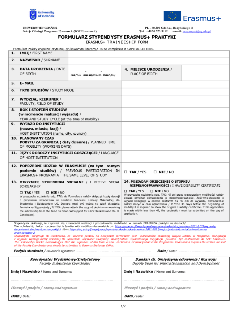 Fillable Online ug edu Sekcja Obsugi Programu Erasmus+ (SOP Erasmus+) Fax Email Print - pdfFiller