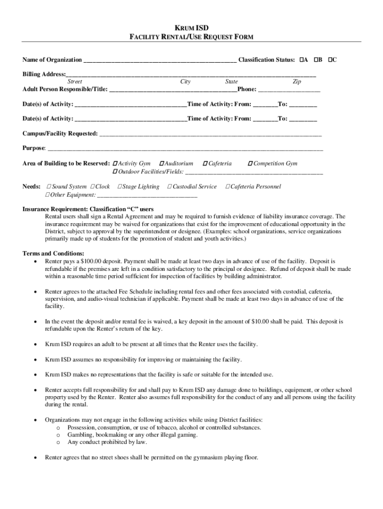 Fillable Online krum isd facility rental/use request form Fax Email Print - pdfFiller