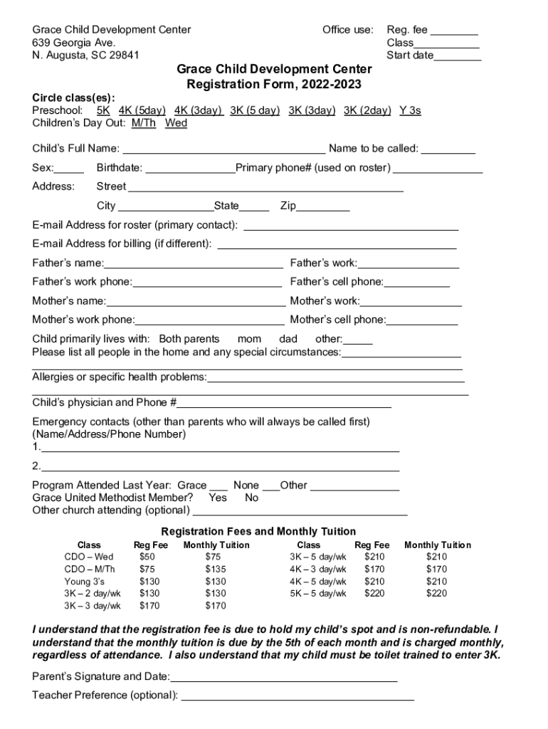 Fillable Online Grace Child Development Center in North Augusta, SC Fax Email Print - pdfFiller