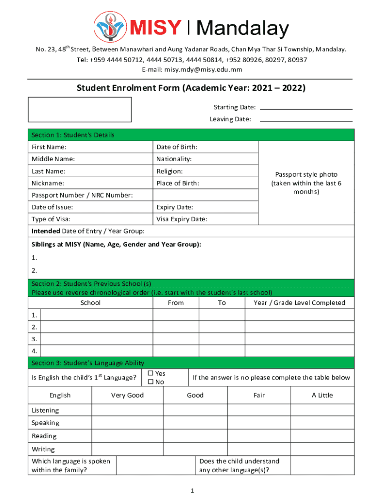 Fillable Online Student Enrolment Form (Academic Year: 2021 2022) Fax ...