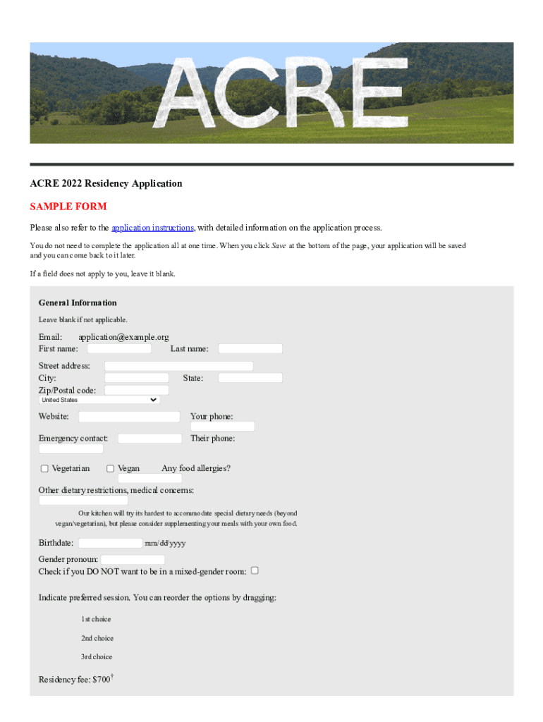 Fillable Online ACRE 2022 Residency Application SAMPLE FORM Fax Email Print - pdfFiller