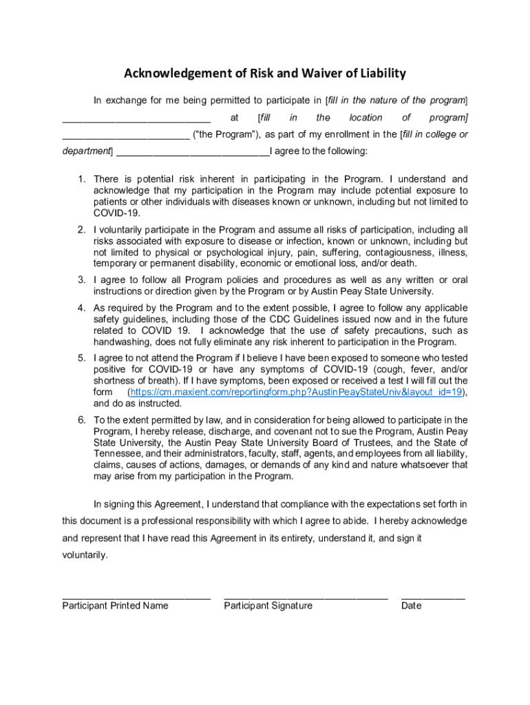 Fillable Online ACKNOWLEDGEMENT OF RISK AND WAIVER OF ... Fax Email ...