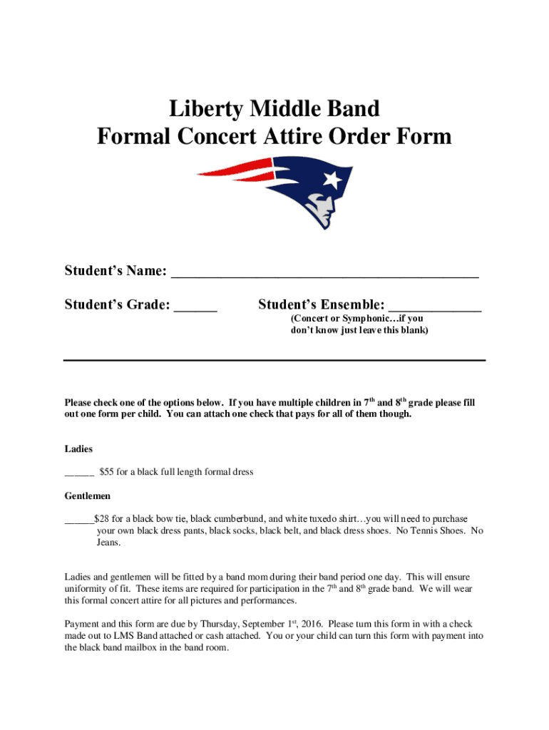 Fillable Online Liberty Middle Band Formal Concert Attire Order Form ...