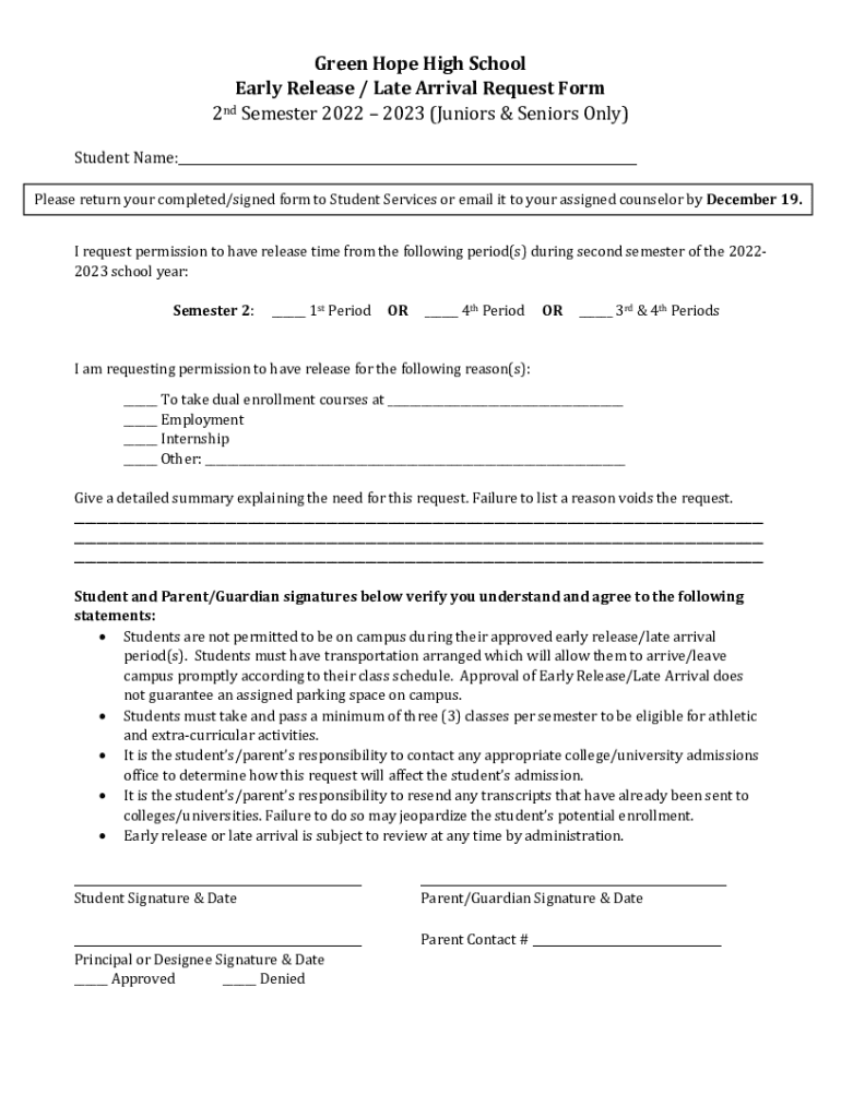Fillable Online Green Hope High School Early Release / Late Arrival Request ... Fax Email Print ...
