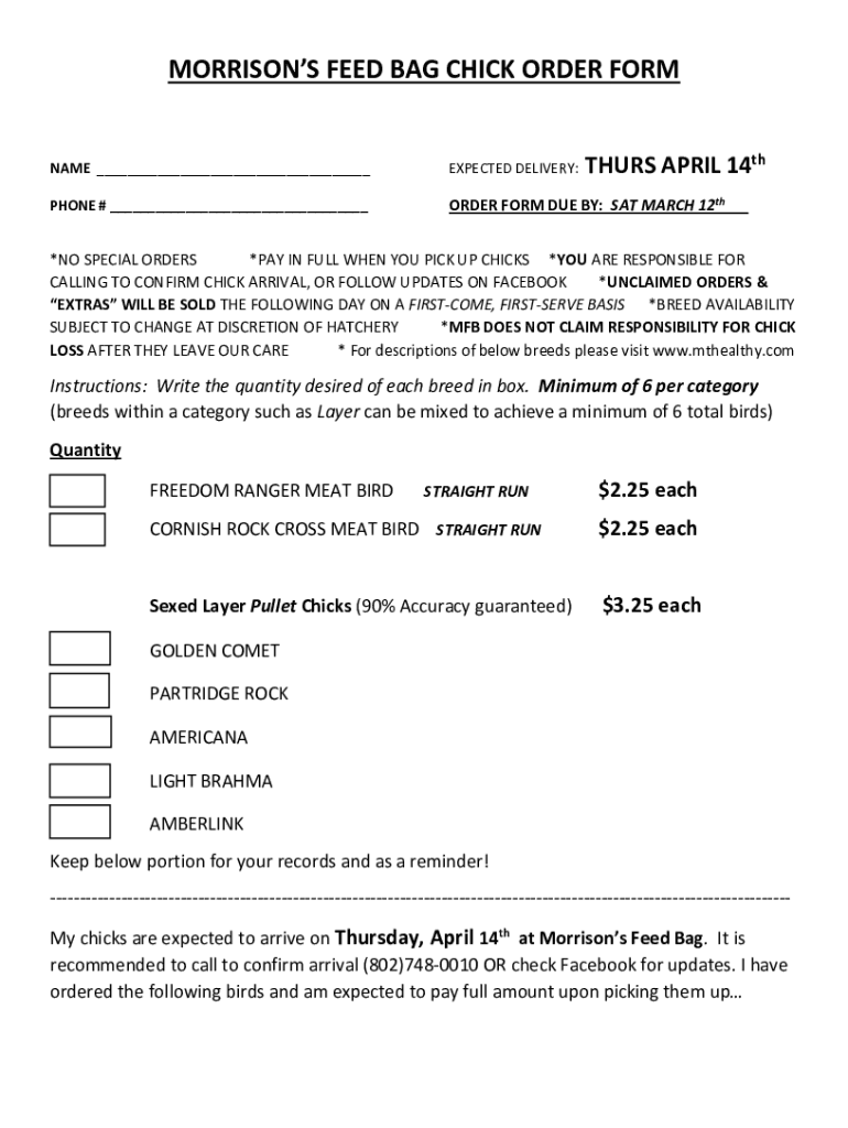 Fillable Online Chick Order FormsMorrison's Feed Bag Store Fax Email ...