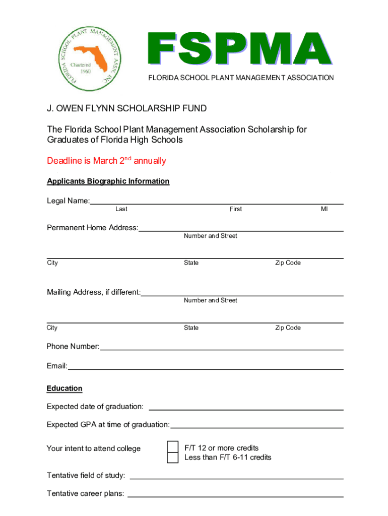 Fillable Online J. OWEN FLYNN SCHOLARSHIP FUND The Florida School ...