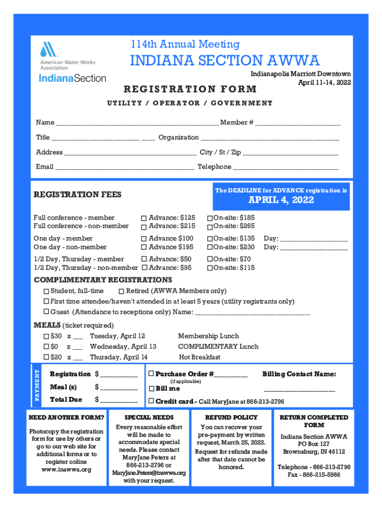 Fillable Online Indiana Section AWWA's 114th Annual Conference Fax ...