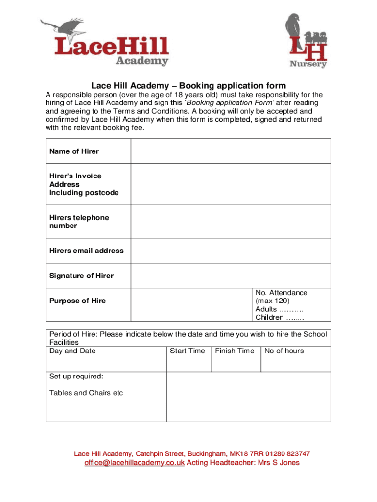 Fillable Online Booking application form - Lace Hill Academy Fax Email ...