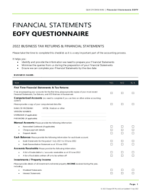 Fillable Online FINANCIAL STATEMENTS EOFY QUESTIONNAIRE Fax Email Print - pdfFiller