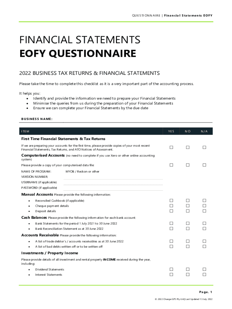 Fillable Online FINANCIAL STATEMENTS EOFY QUESTIONNAIRE Fax Email Print ...