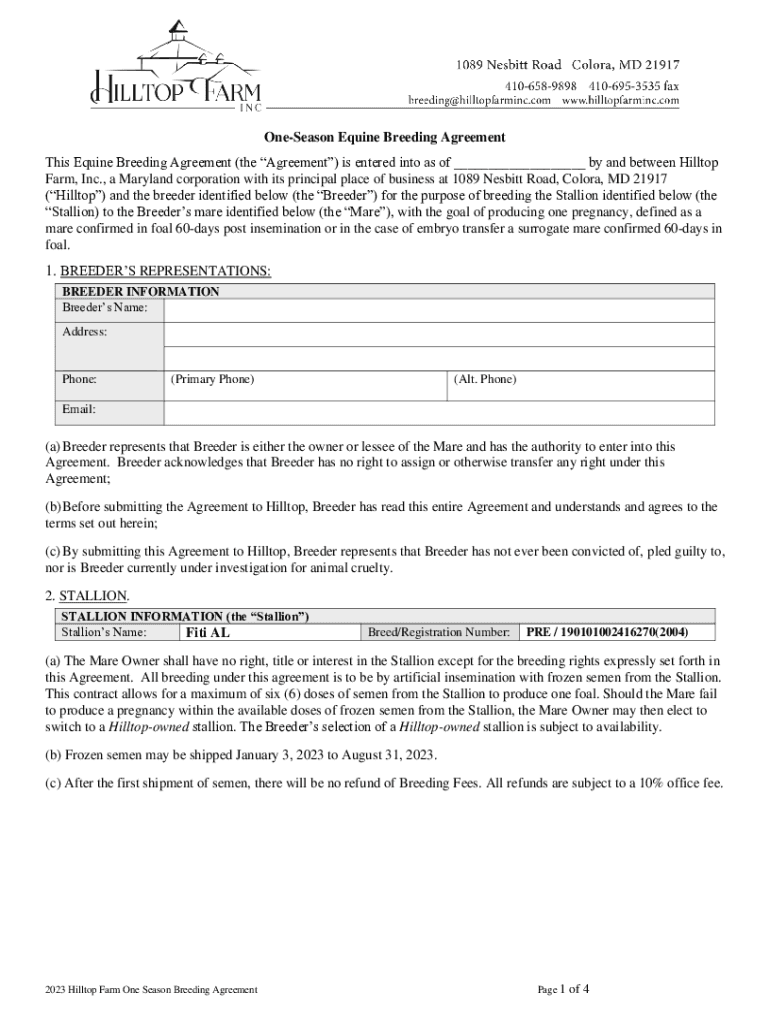 Fillable Online (Hilltop) and the breeder identified below (the Breeder ...