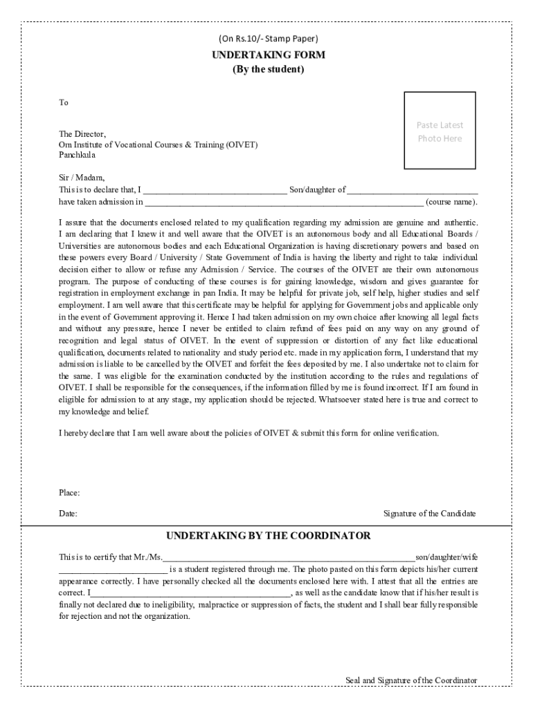 Fillable Online DEED OF UNDERTAKING (On the Stamp Paper of Rs. 100 Fax ...
