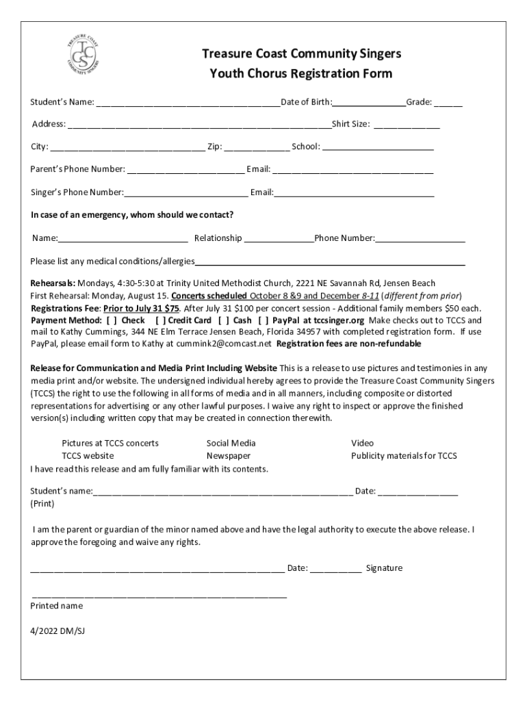 Fillable Online YC Registration Form 2 - Fall 2022 (with concert date ...