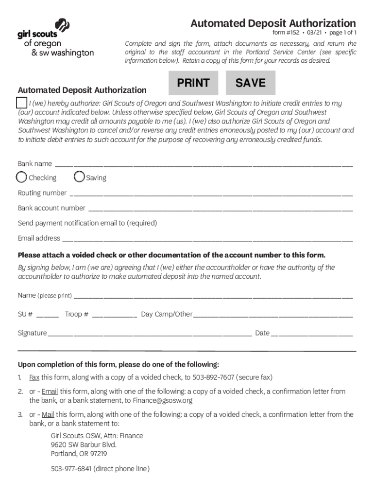 Fillable Online Automated Deposit Authorization (form #152). Form #152 ...