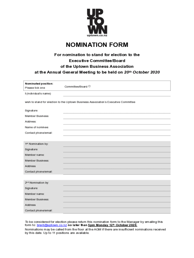 Fillable Online Uptown Nomination Form 2020 Fax Email Print - pdfFiller