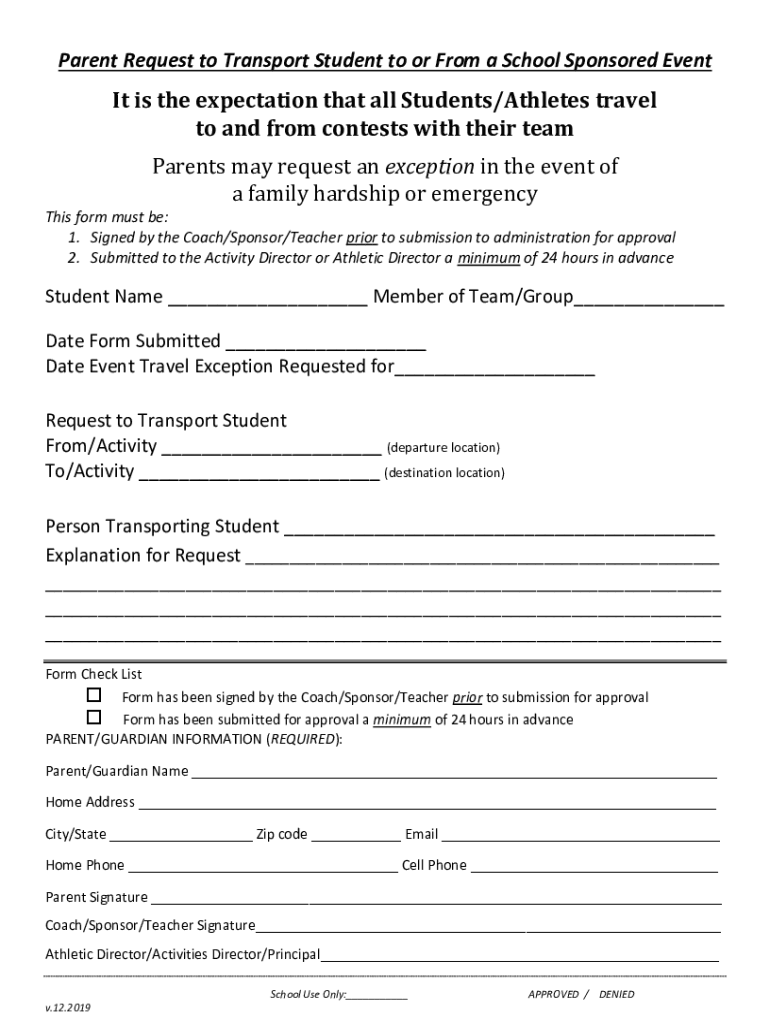 Fillable Online Parent Request to Transport Student to or From a School ...