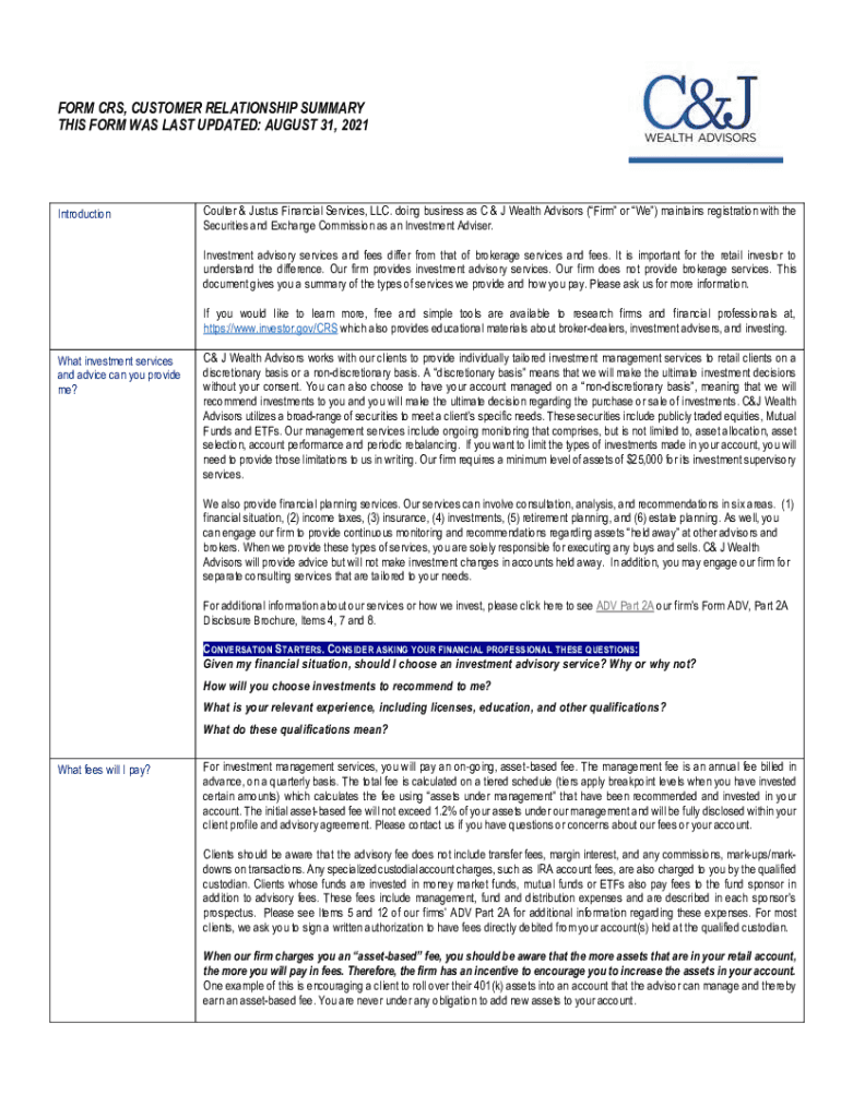 Fillable Online SEC Regulation Best Interest and Form CRS Fax Email ...