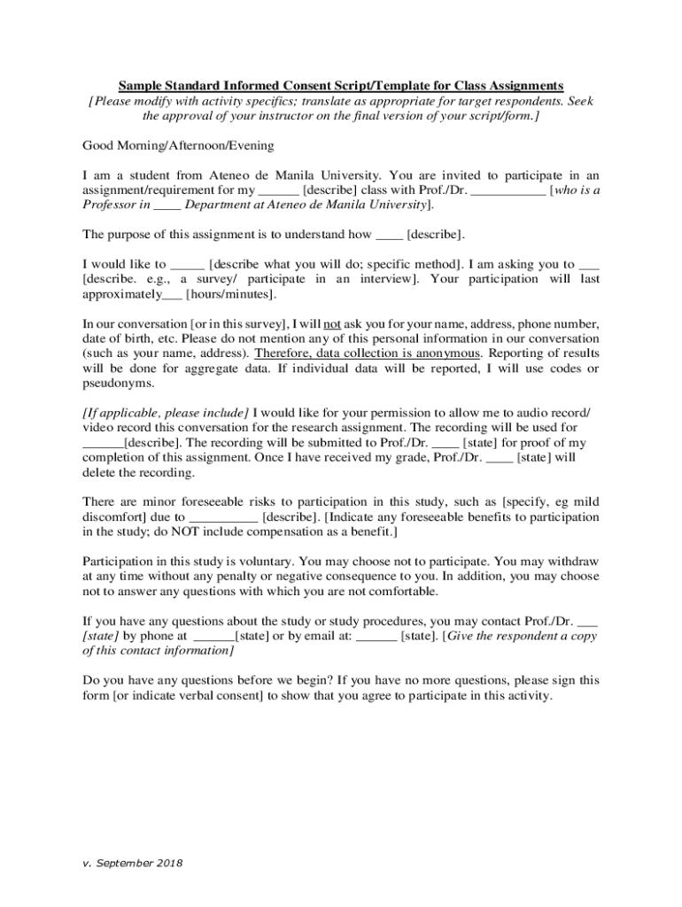 Fillable Online Sample Standard Informed Consent Script/Template for ...