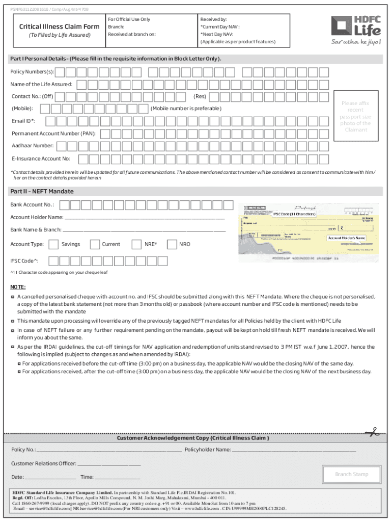 Fillable Online CritiCal illness Claim Form Fax Email Print - pdfFiller