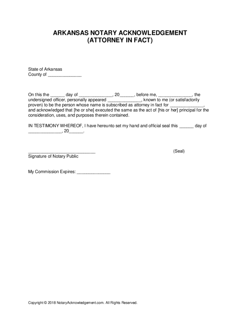 Fillable Online Arkansas Notary Acknowledgement - Attorney In Fact Fax ...