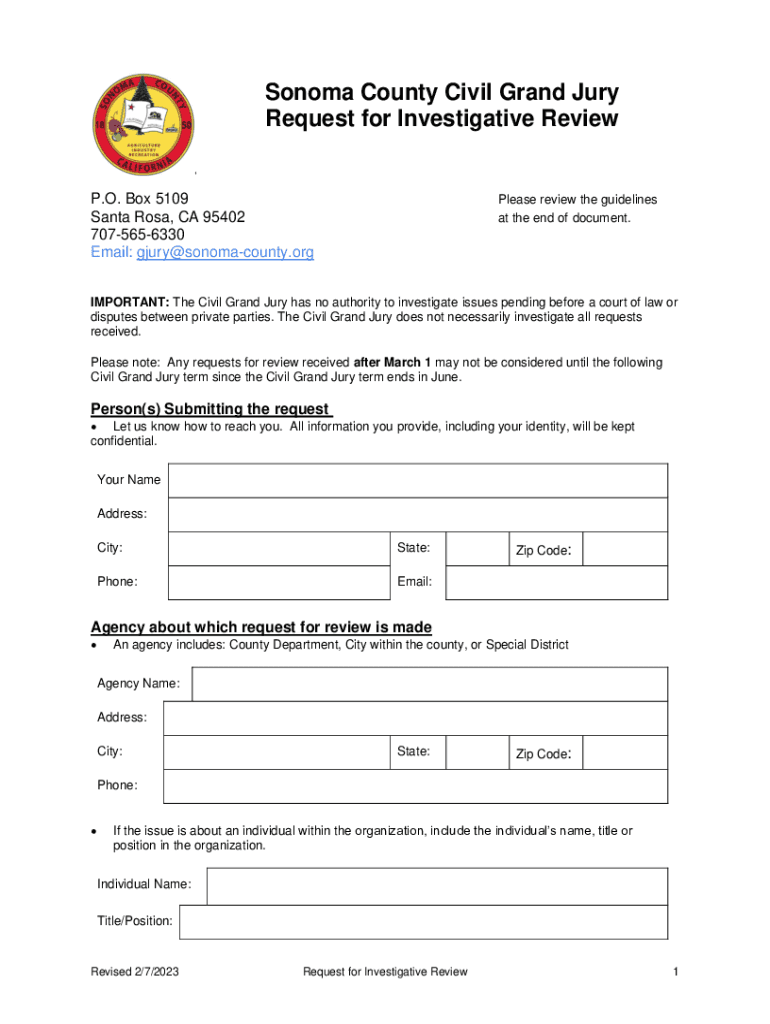 Fillable Online Sonoma County Civil Grand Jury Request for Investigative ... Fax Email Print ...