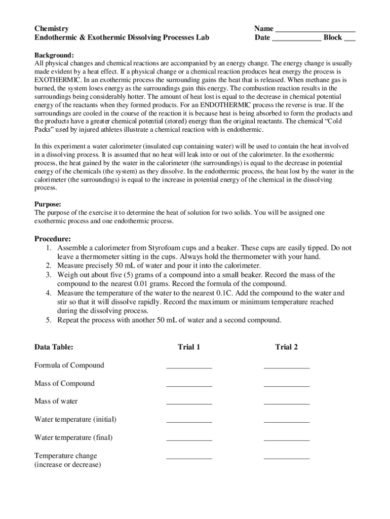 Fillable Online ENDOTHERMIC AND EXOTHERMIC DISSOLVING PROCESSES Fax Email Print - pdfFiller