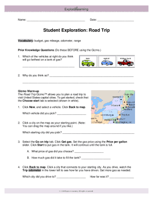 Fillable Online Road Trip - Student Exploration Sheet Fax Email Print ...