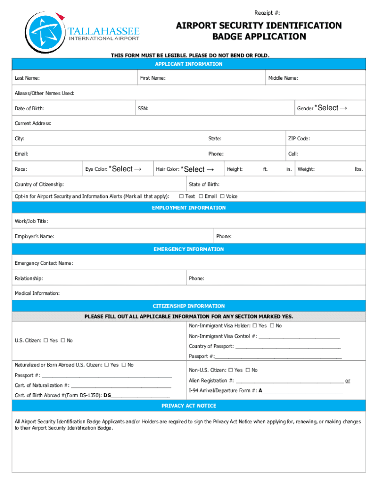Fillable Online Airport Security Identification Badge Application Fax ...