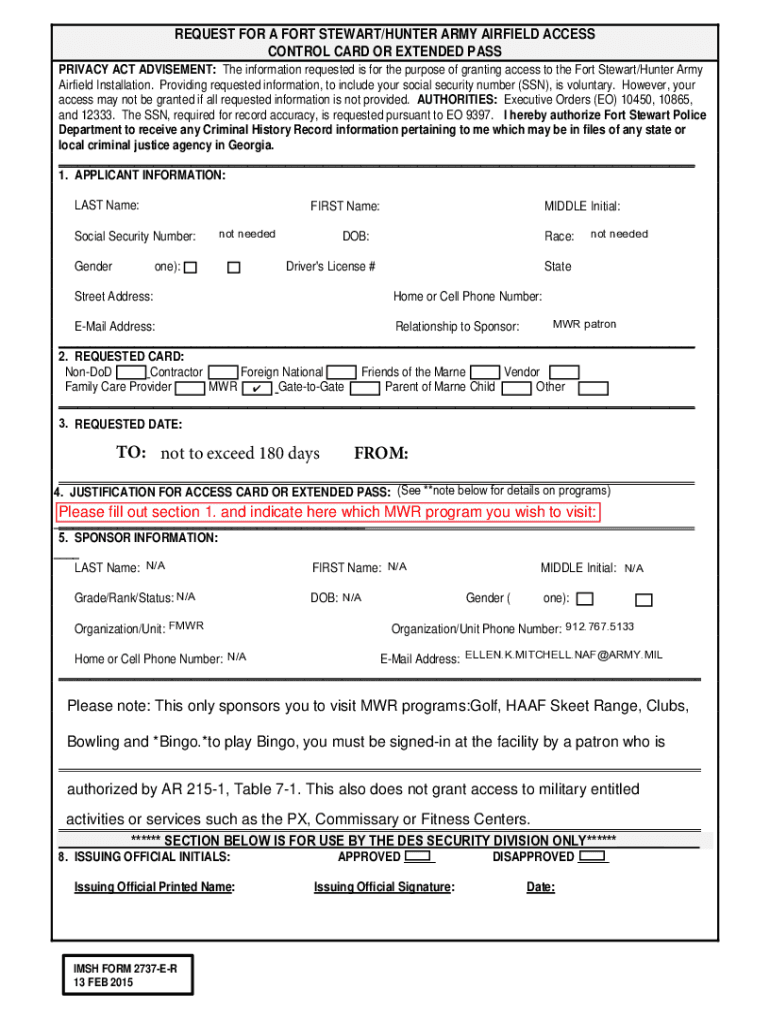 Fillable Online Request for a Fort Stewart/Hunter Army Airfield Access ... Fax Email Print ...