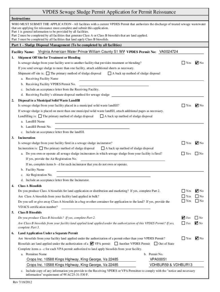 Fillable Online VPDES Reissuance Sewage Sludge Application Form ...