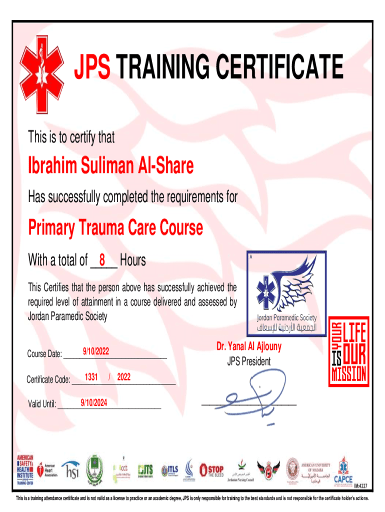 Fillable Online JPS TRAINING CERTIFICATE Fax Email Print - pdfFiller