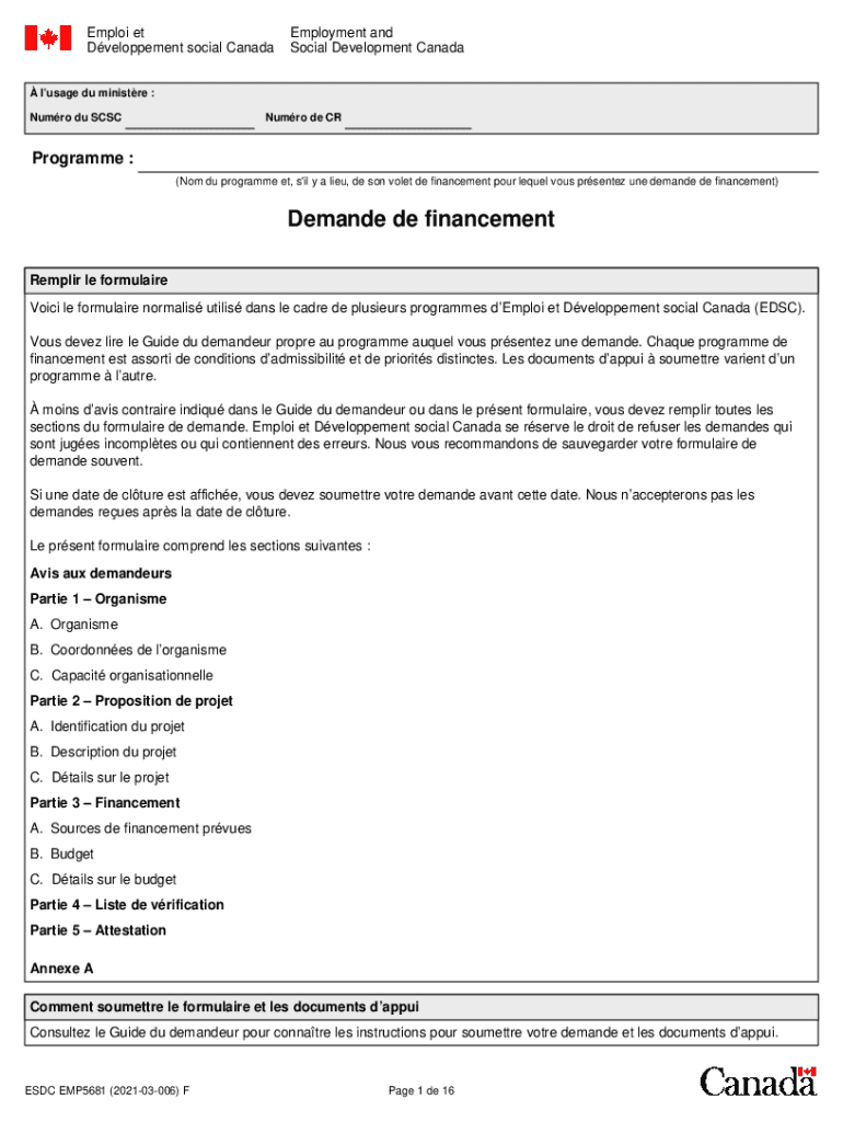 Remplissable En Ligne DEMANDE DE FINANCEMENT - Service Canada Forms Fax Email Imprimer - pdfFiller