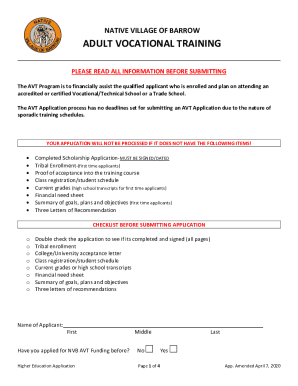 Fillable Online ADULT VOCATIONAL TRAINING APPLICATION Fax Email Print ...