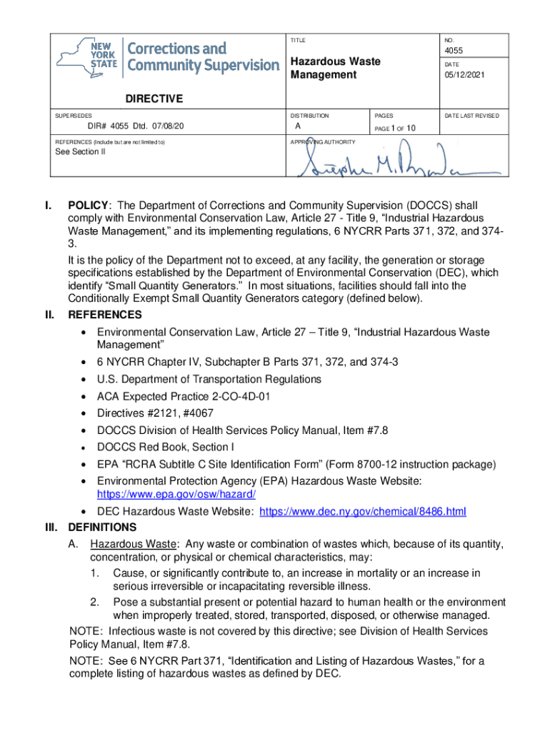 Fillable Online doccs ny DIRECTIVE Hazardous Waste Management I. POLICY ...