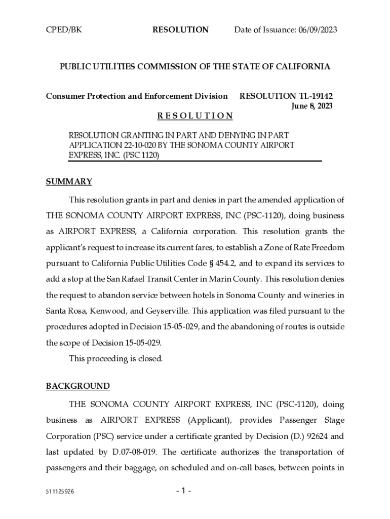 Fillable Online docs cpuc ca RESOLUTION TL-19142 Fax Email Print ...