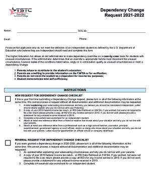 Fillable Online 2021-2022 Dependency Change Request Student Name Fax Email Print - pdfFiller