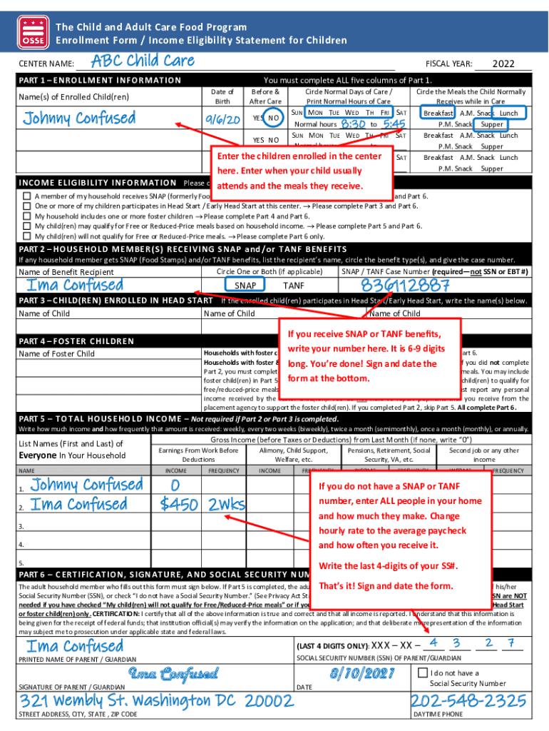 Fillable Online Child Enrollment Form-Child and Adult Care Food Program ...