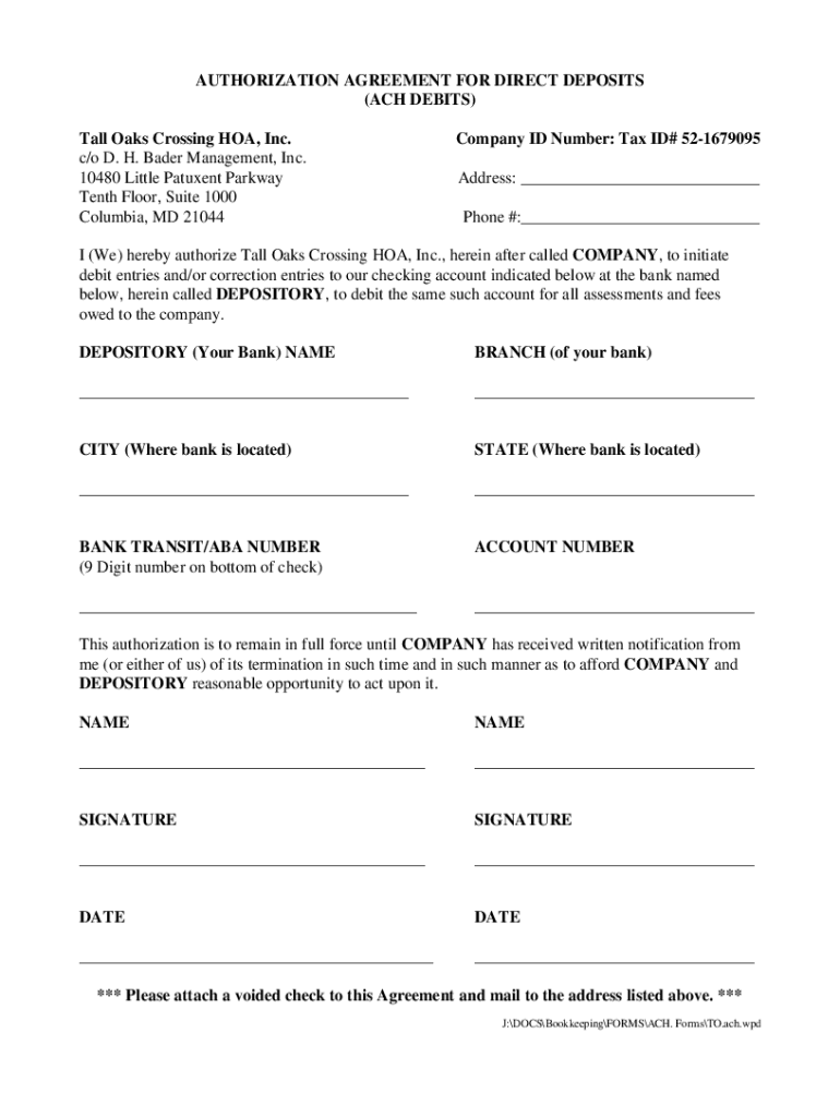 Fillable Online authorization agreement for direct deposits (ach debits) Fax Email Print - pdfFiller