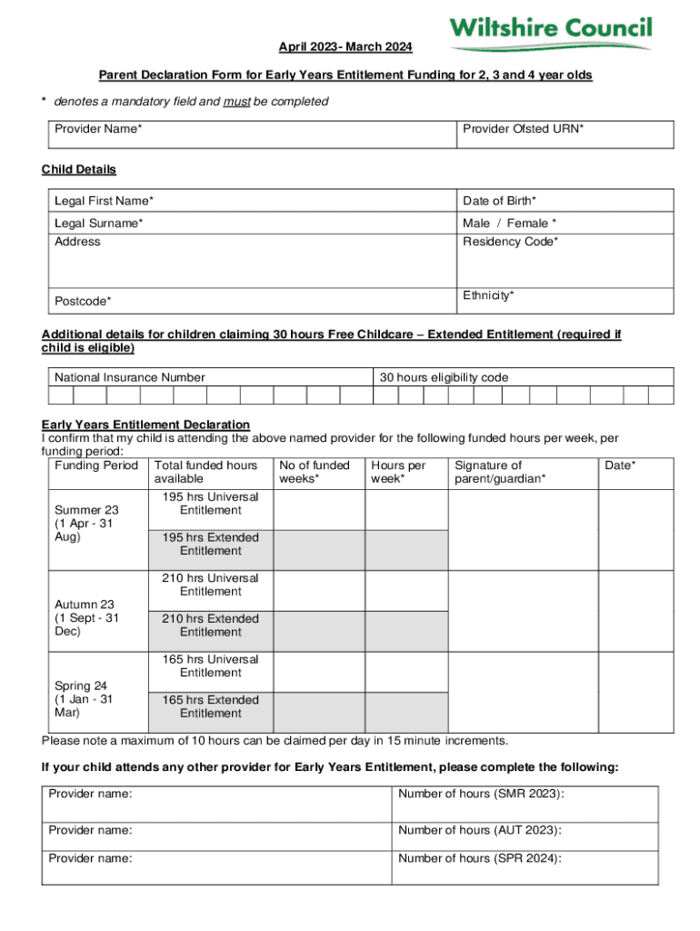 Fillable Online Oxfordshire Parent Declaration Form Early Education ...