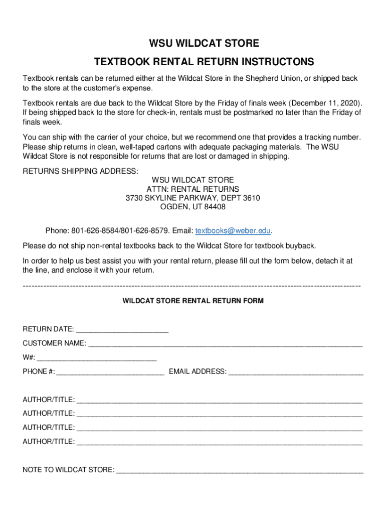 Fillable Online WSU WILDCAT STORE TEXTBOOK RENTAL RETURN ... Fax Email ...