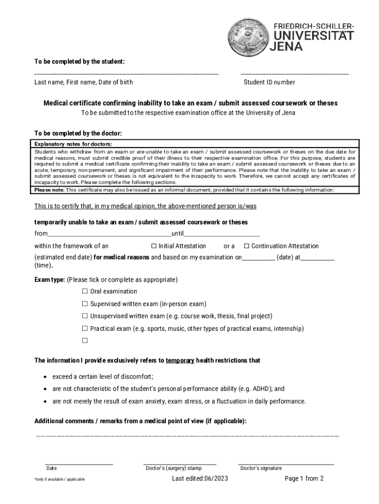 Fillable Online Medical certificate confirming inability to take an ...