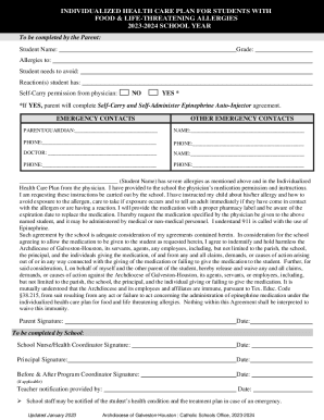 Fillable Online Sample Individualized Healthcare Plan for students with ...