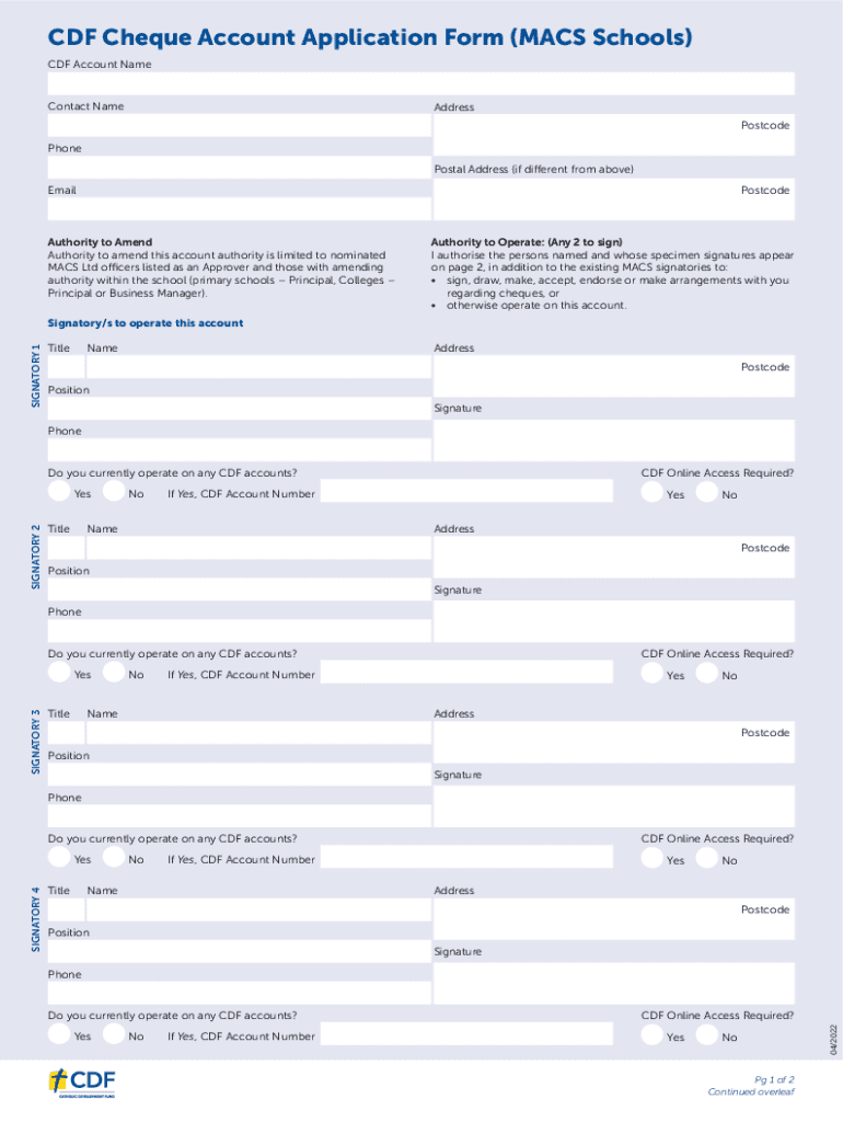 Fillable Online CDF Cheque Account Application Form (MACS Schools) Fax ...