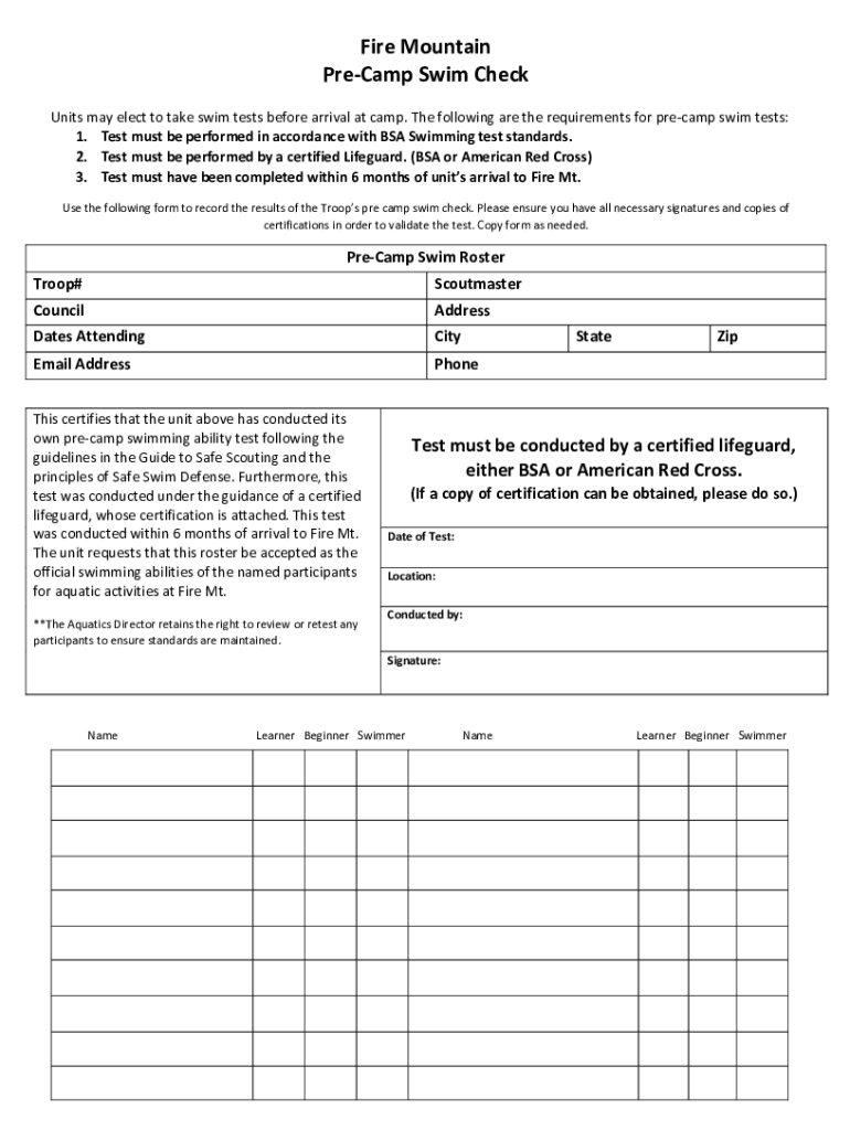 Fillable Online Pre Camp Swim Test Form Fax Email Print - pdfFiller