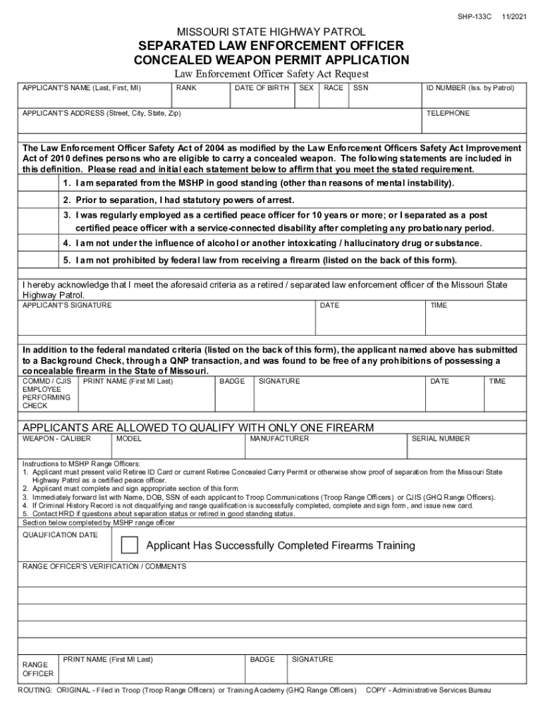Fillable Online SHP-133A11/08. Retiree Concealed Weapon Permit ...