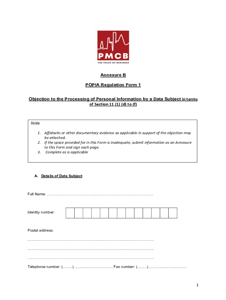 Fillable Online Annexure B POPIA Regulation Form 1 Objection to the ...