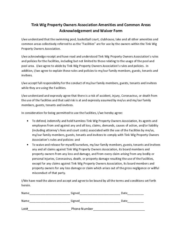 Fillable Online Tink-Wig-Property-Owners-Association-Amenities-and ...