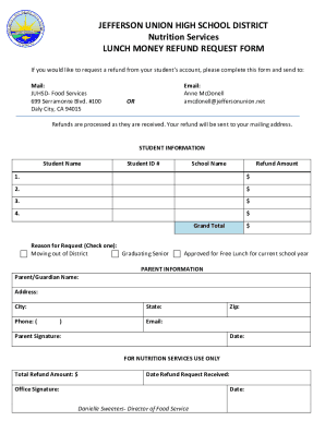 Fillable Online Lunch Room / Lunch Account Refund Request Fax Email ...