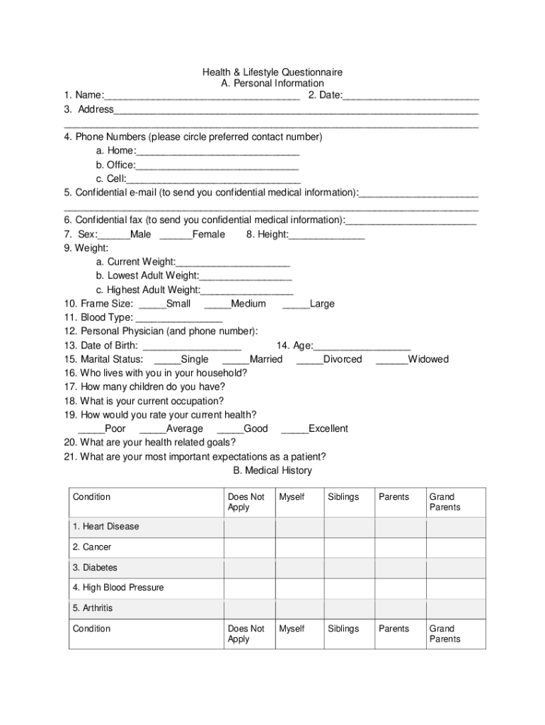 Fillable Online Health & Lifestyle Questionnaire A. Personal ...